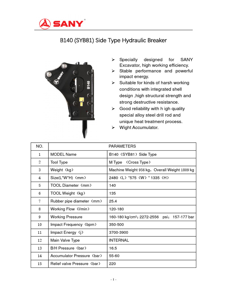 B140 Hydraulic Breaker | PDF