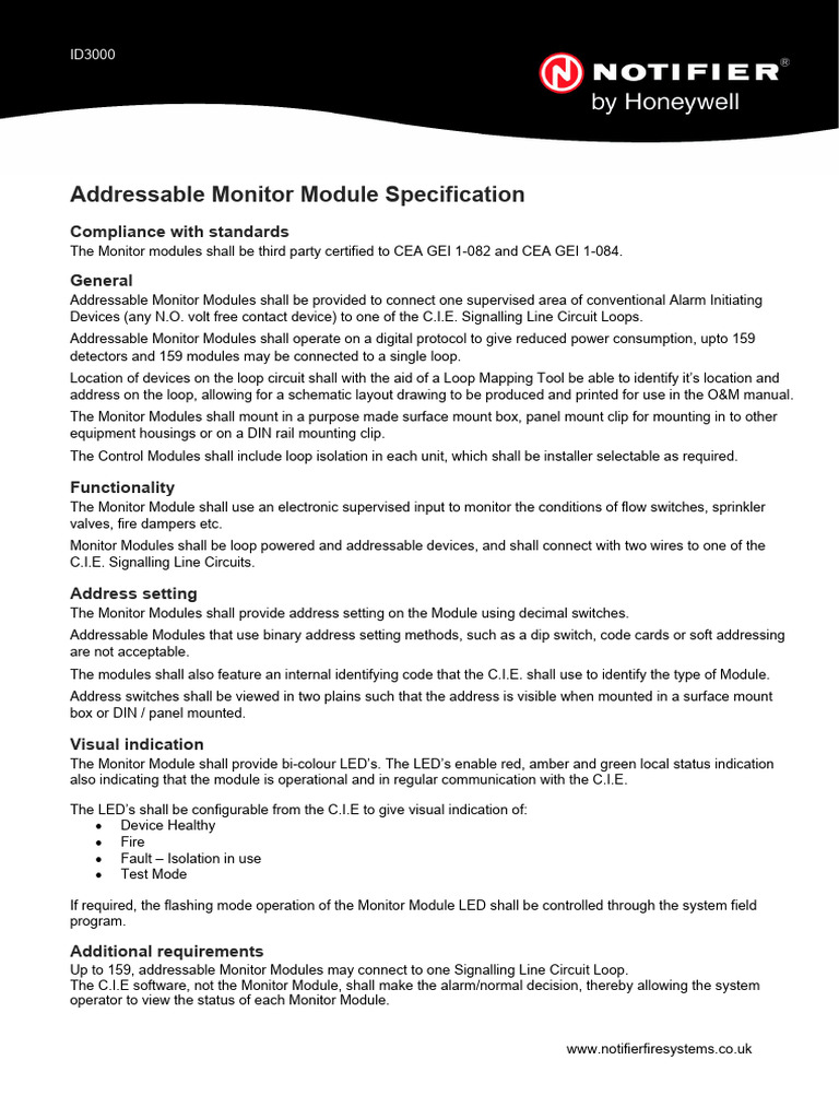 NOTIFIER Addressable Monitor Module Specification | PDF | Switch ...