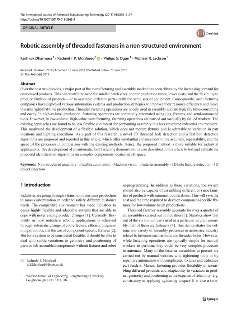 Robotic Assembly of Threaded Fasteners in A Non-Structured Environment ...