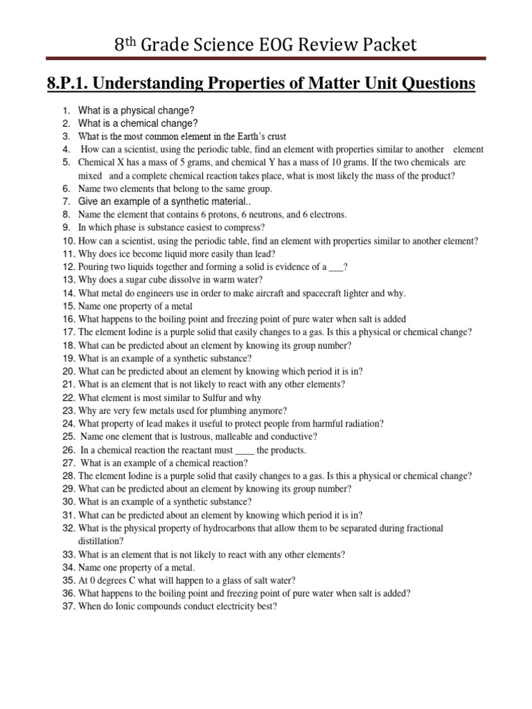 8th Grade Science Eog Packet | PDF | Chemical Elements | Mixture