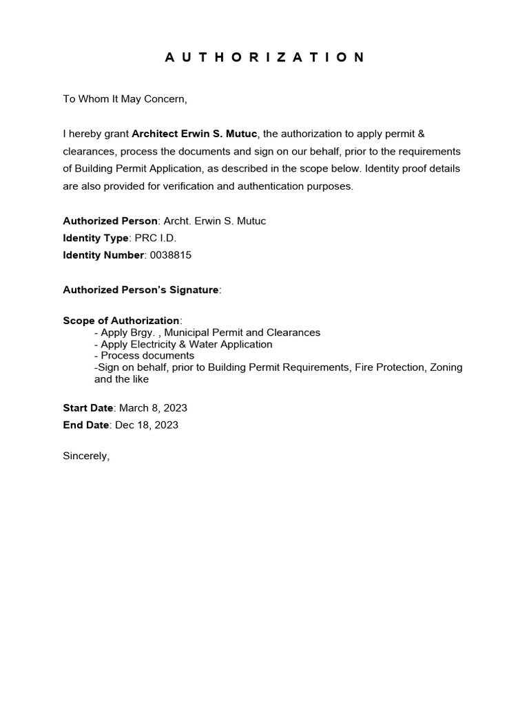 Authorization Letter To Process Documents On Your Behalf | PDF