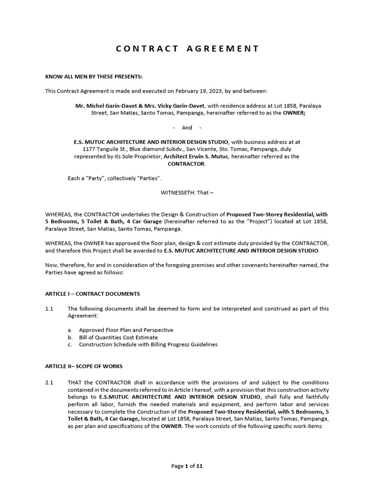 RESIDENTIAL CONTRACT AGREEMENT | PDF | Pipe (Fluid Conveyance) | Door