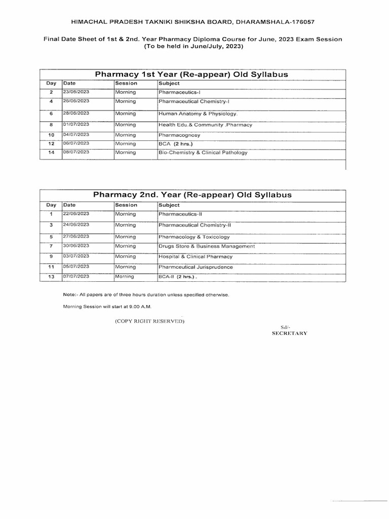 Pharmacy - Final Date Sheet - Poly - 2023 | PDF Pharmacy - Final Date Sheet - Poly - 2023 | PDF