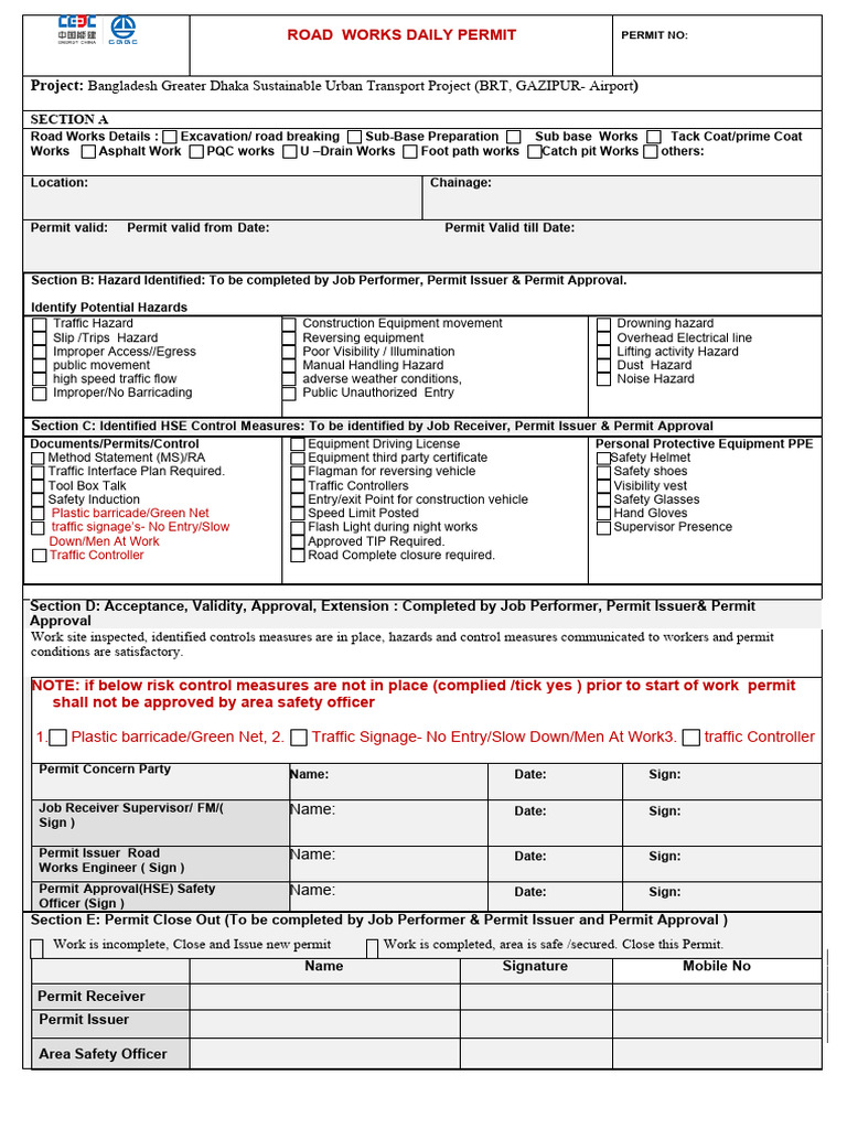 Revised - Roads Works Daily Permit Format | PDF | Personal Protective ...