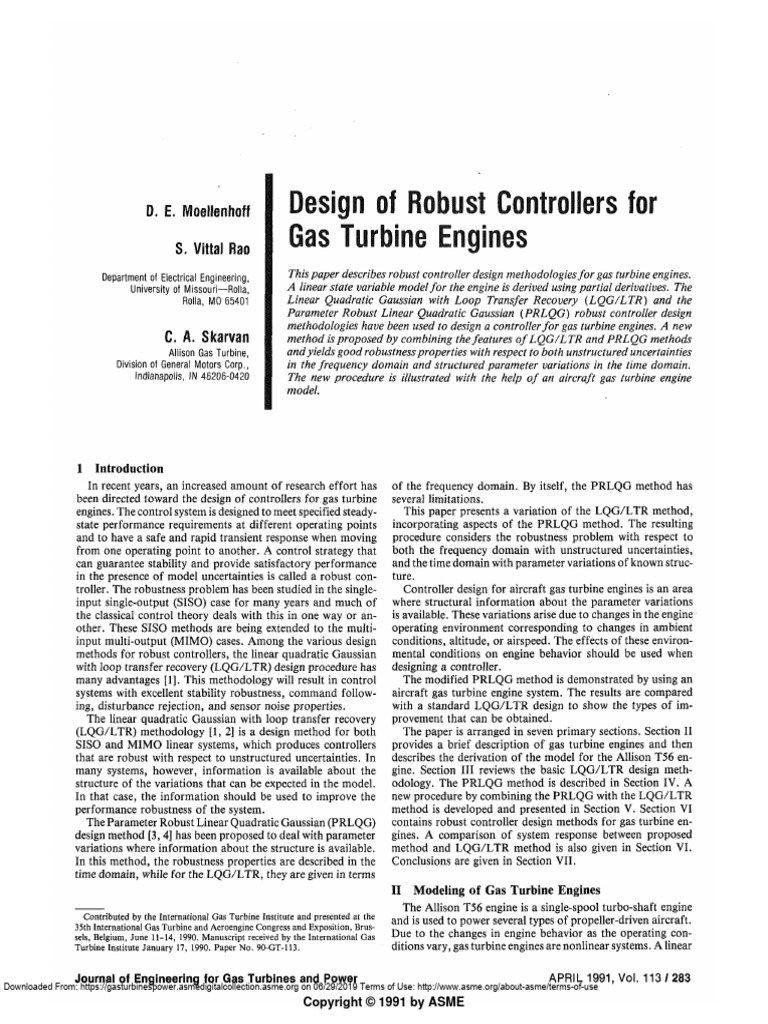 Design of Robust Controllers For Gas Turbine Engines: D. E. Moellenhotf ...