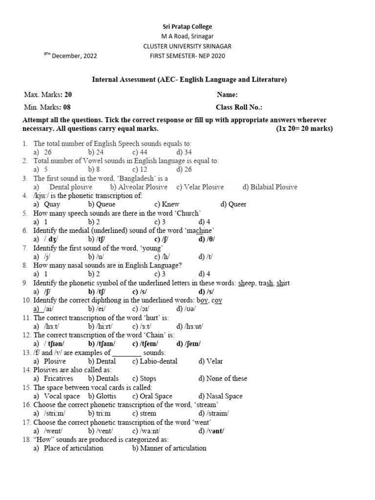AEC Eng Lang & Lit UG 1st Semerster | PDF | Phonetics | Linguistics