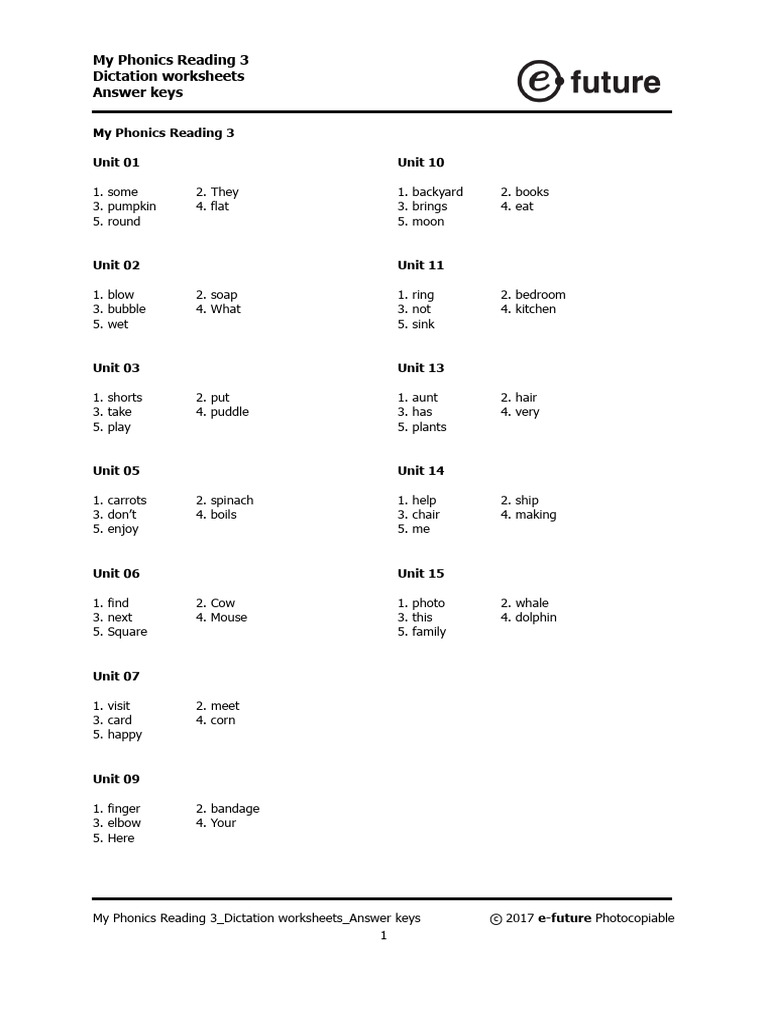 02 - My Phonics Reading 3 - Dictation Worksheets - Answer Keys | PDF