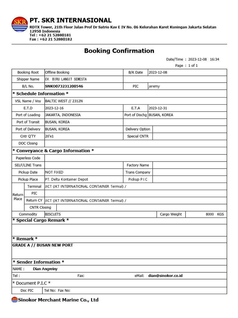 Booking Confirmation for PT Delta Depot | PDF