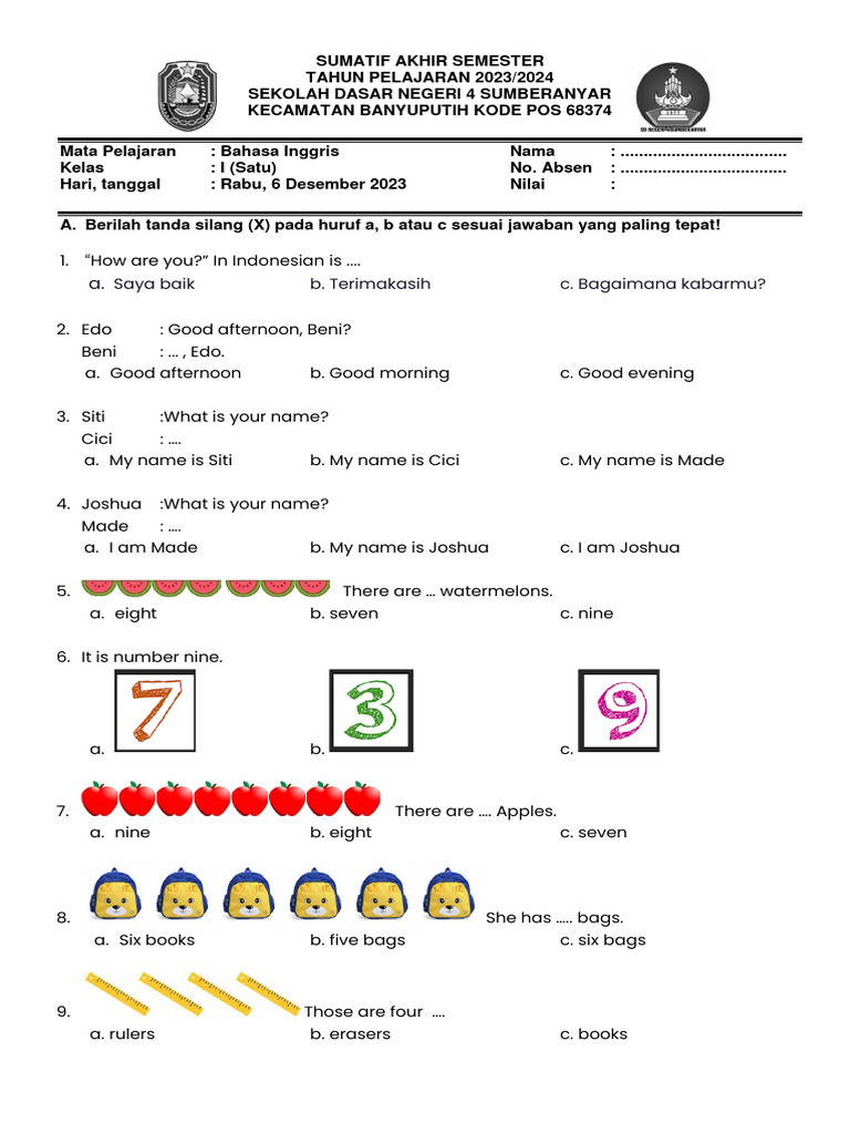 Sas Bahasa Inggris Kelas 1 2023 | PDF