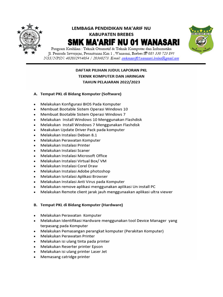 Daftar Pilihan Judul Laporan PKL TKJ | PDF