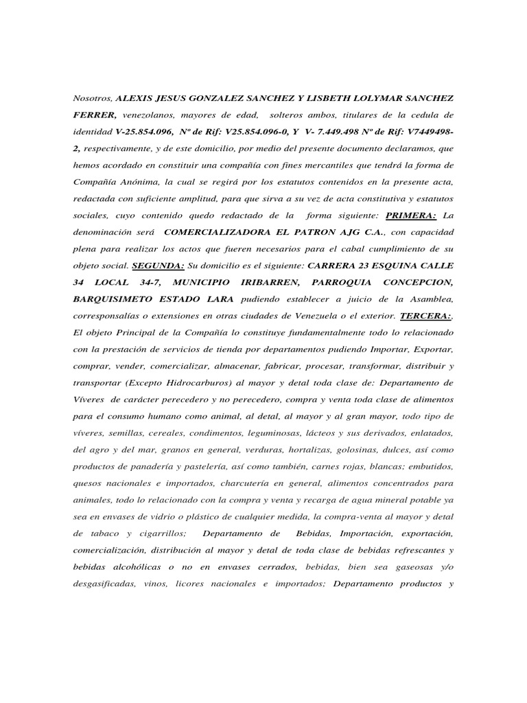 Acta Constitutiva Comercializadora El Patron Ajg | PDF | Alimentos | Venezuela