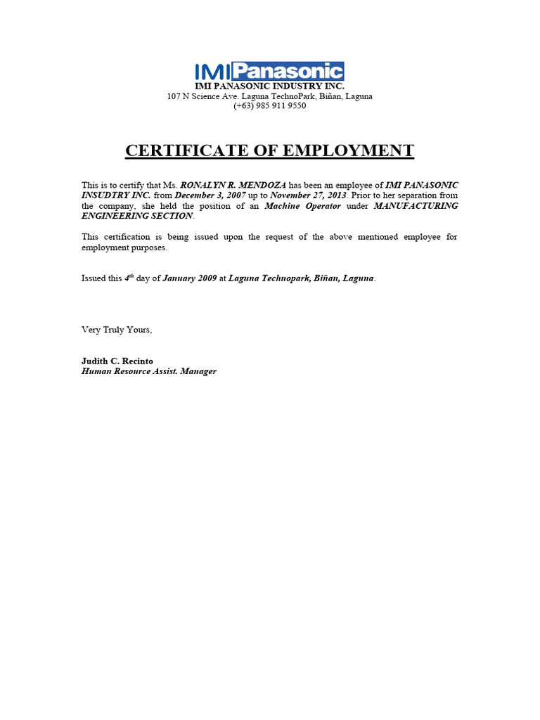 Certificate of Employmen T: Imi Panasonic Industry Inc | PDF
