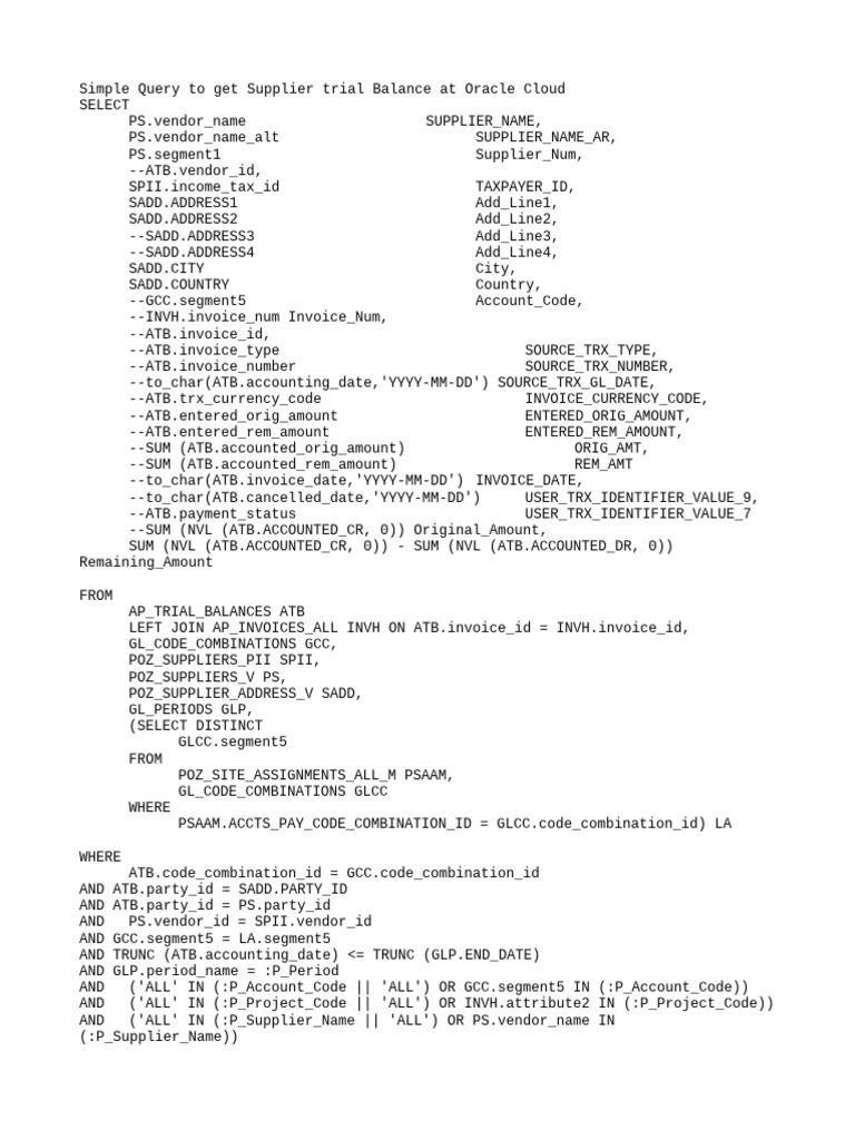 Simple Query To Get Supplier Trial Balance at Oracle Cloud | PDF