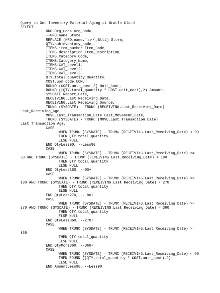 Query To Get Inventory Material Aging at Oracle Cloud | PDF | Data ...