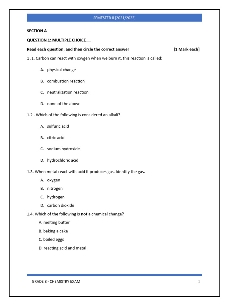 Grade 8 Chemistry Exam Questions | PDF | Chemical Reactions | Acid