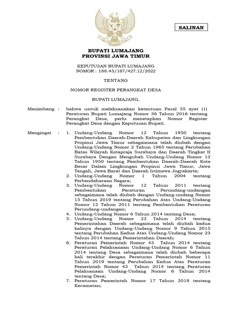 SK No 187 - 2022 Tentang Nomor Register Perangkat Desa | PDF