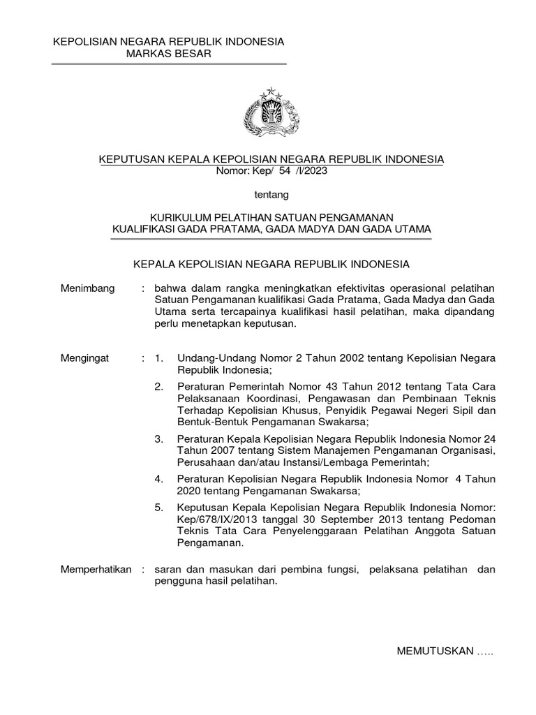 Kep 54-I-2023 TTG Kurikulum Pelatihan Gada Utama | PDF
