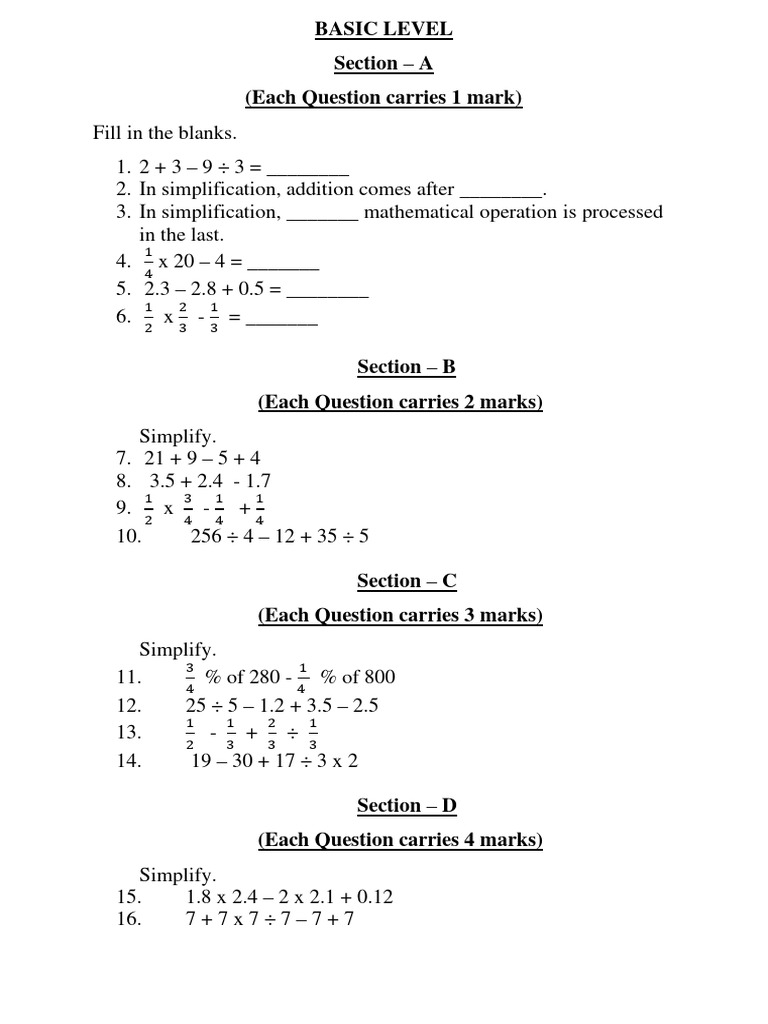 Class 5 Simplification Worksheet | PDF