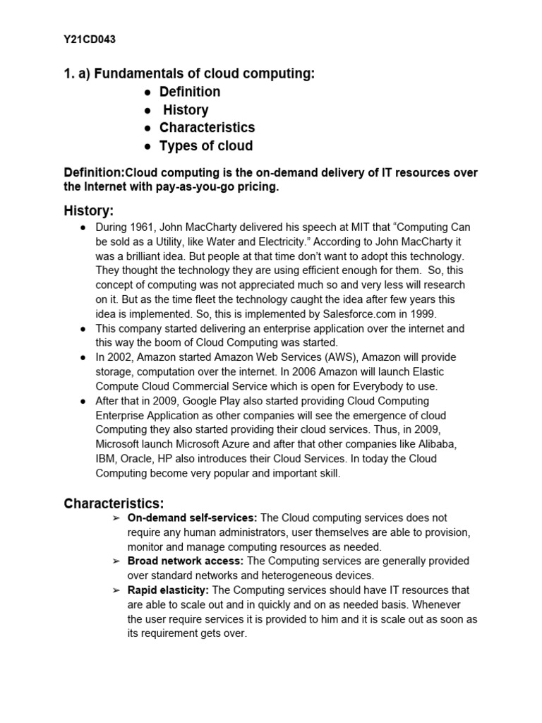 A) Fundamentals of Cloud Computing: Definition History Characteristics Types of Cloud | PDF ...