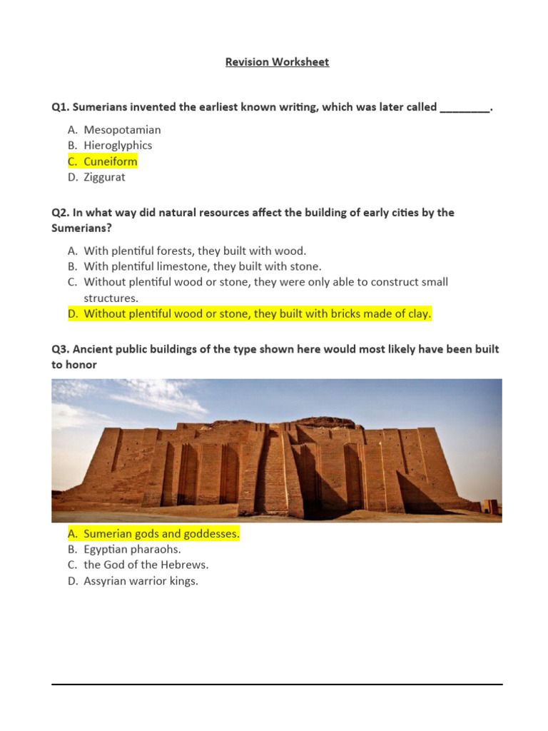 Revision Worksheet | PDF | Ancient Egypt | Babylonia