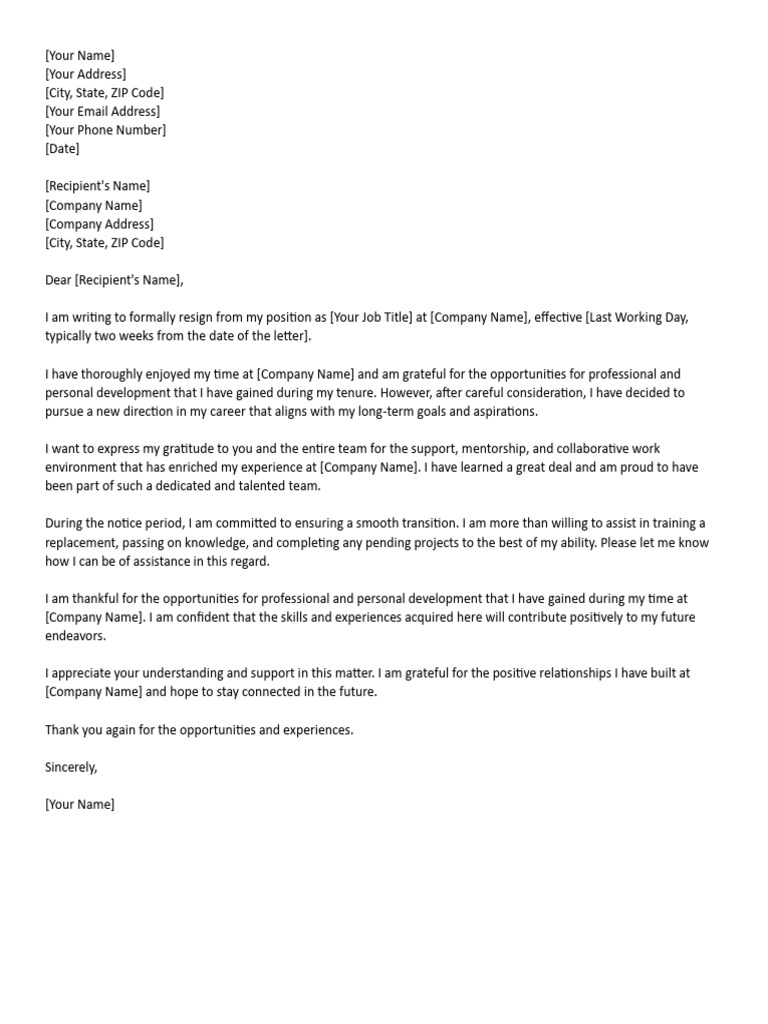 Resignation Letter Template Sample | PDF | Finance & Money Management