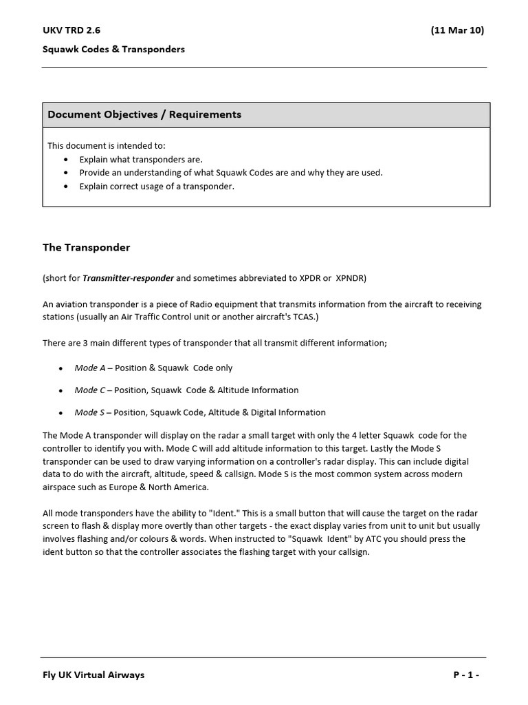 Ukv TRD 2.6 Squawk Codes and Transponders | PDF | Transponder ...