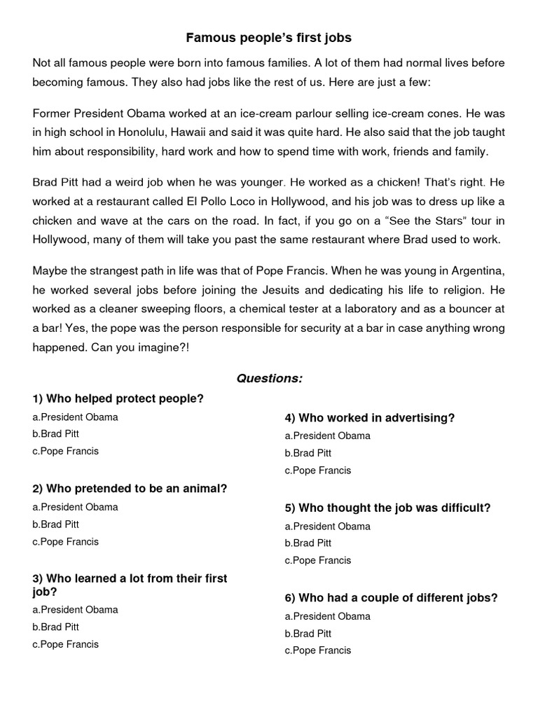Famous People's First Job (Text and Questions) | PDF