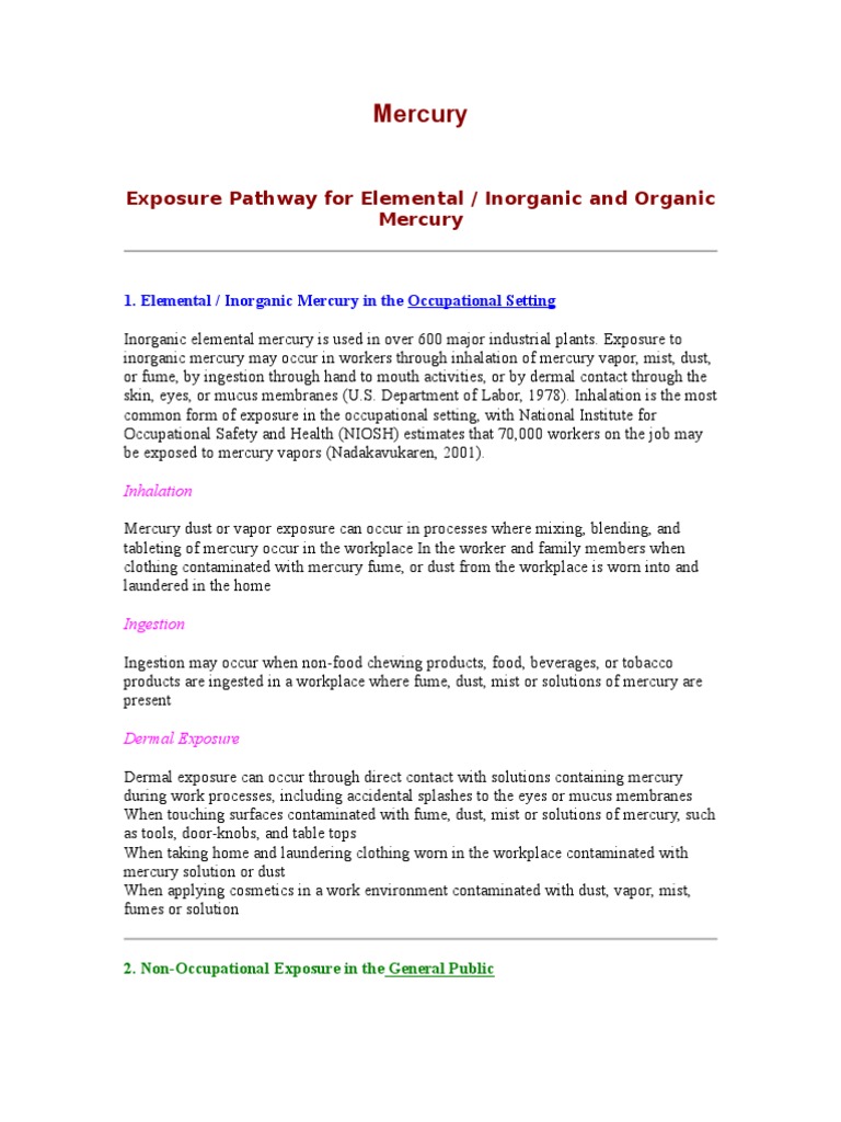 Mercury: Exposure Pathway For Elemental / Inorganic and Organic Mercury ...