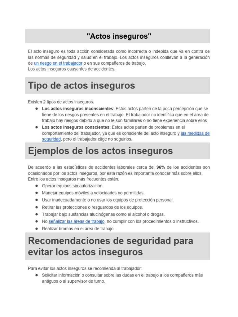 Actos Inseguros en el Trabajo: Ejemplos y Prevención | PDF