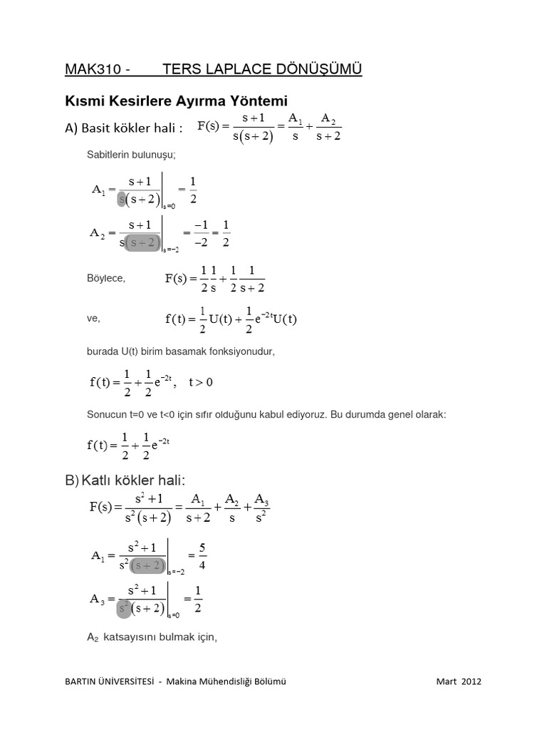 K Ismi Kesirlere Ayırma Yöntemi: MAK310 - Ters Laplace Dönüşümü | PDF