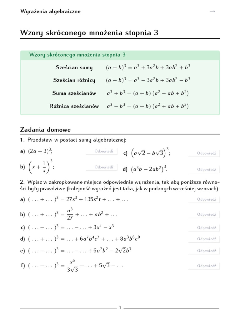 3 11 Wzory Skroconego Mnozenia Stopnia 3-1 | PDF