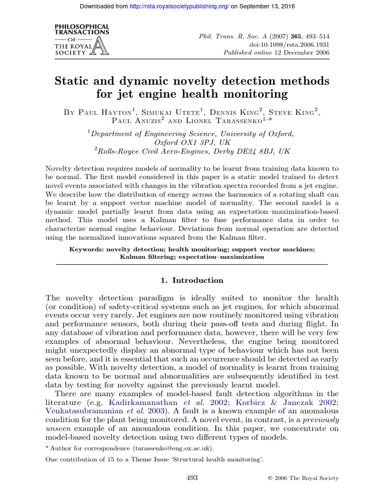 Static and Dynamic Novelty Detection Methods For Jet Engine Health Monitoring | PDF | Support ...
