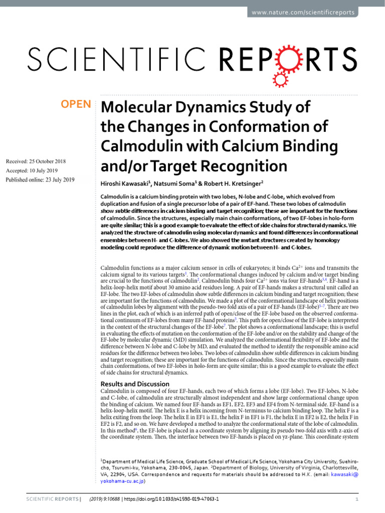Molecular Dynamics Study of The Changes in Conformation of Calmodulin With Calcium Binding And ...