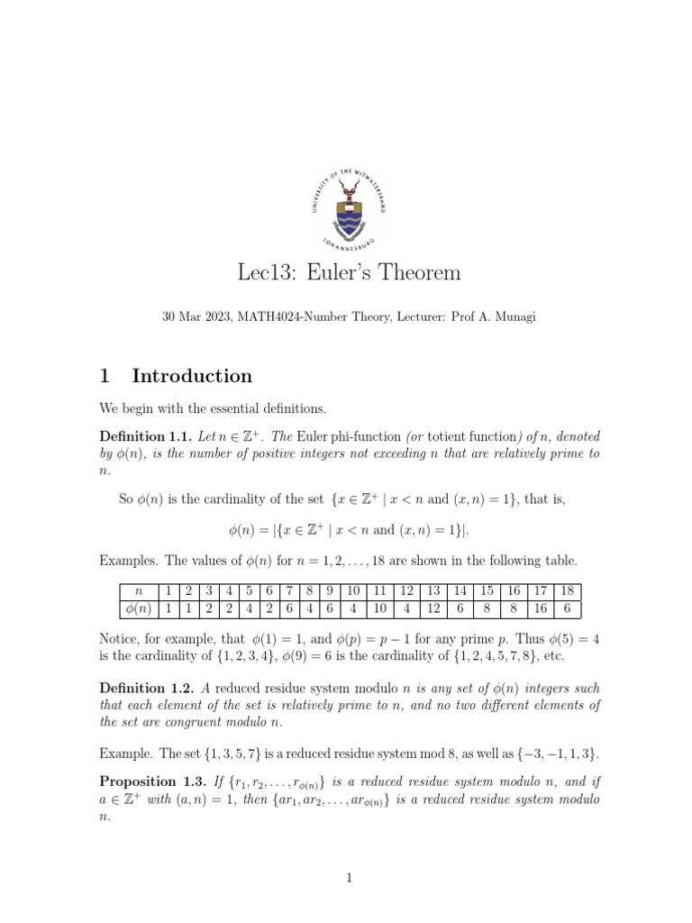 Lec13 EulerTheorem | PDF | Numbers | Ring Theory