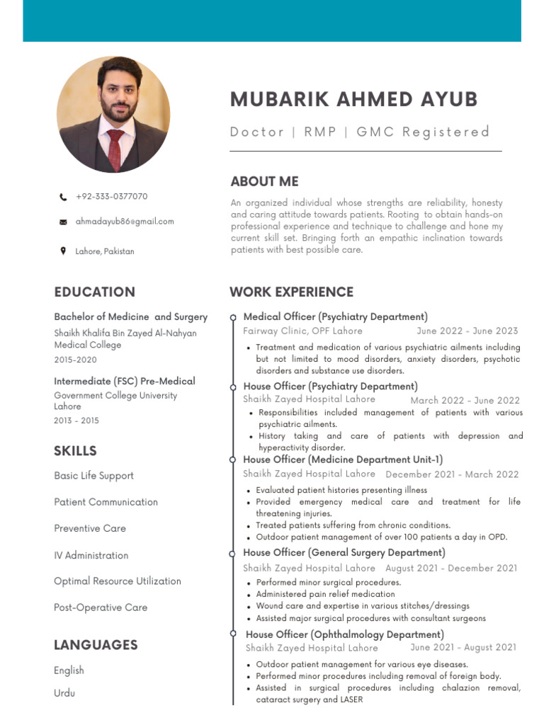 Mubarik Ahmed AYUB CV Final | PDF | Surgery | Psychiatry