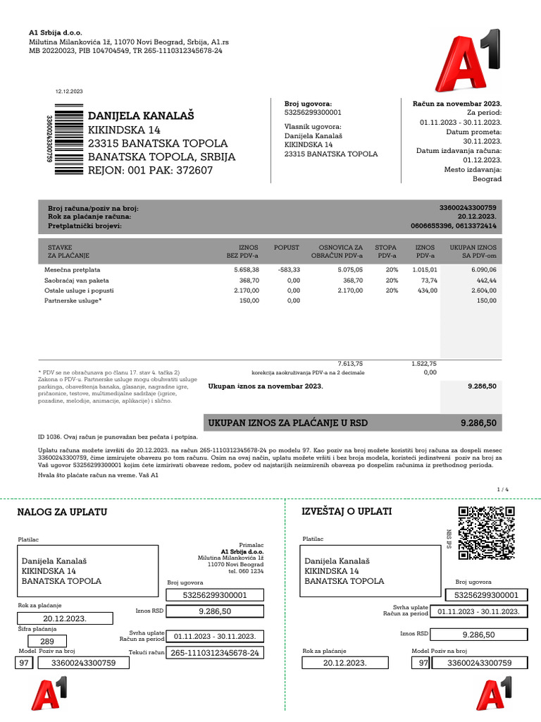 Danijela Kanalaš: Kikindska 14 23315 Banatska Topola Banatska Topola, Srbija REJON: 001 PAK ...