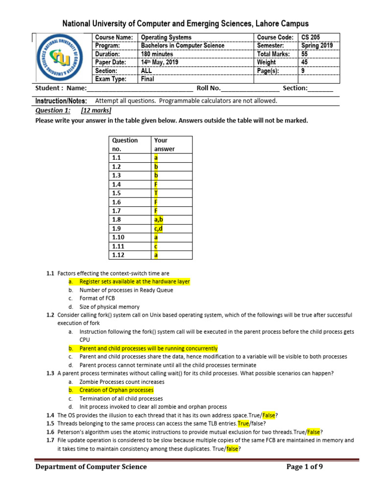 CS205 - Operating Systems - Spring 2019 - Final - Solution | PDF | Process (Computing ...