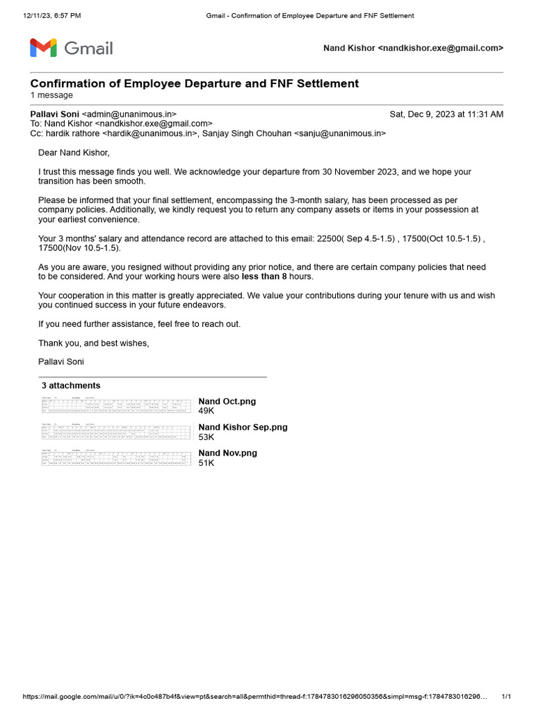 Gmail - Confirmation of Employee Departure and FNF Settlement | PDF
