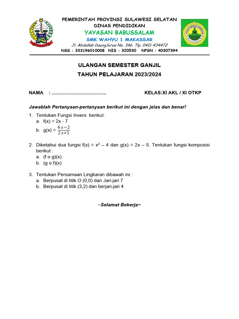 Soal Semester Ganjil Tahun 2023 Wahyu | PDF