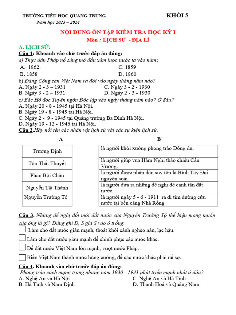 Đề Cương LS - ĐL HK1 - 23-24 | PDF