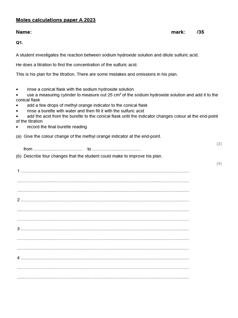 Moles Calculation Paper A 2023 Yr 11 | Download Free PDF | Chemistry ...