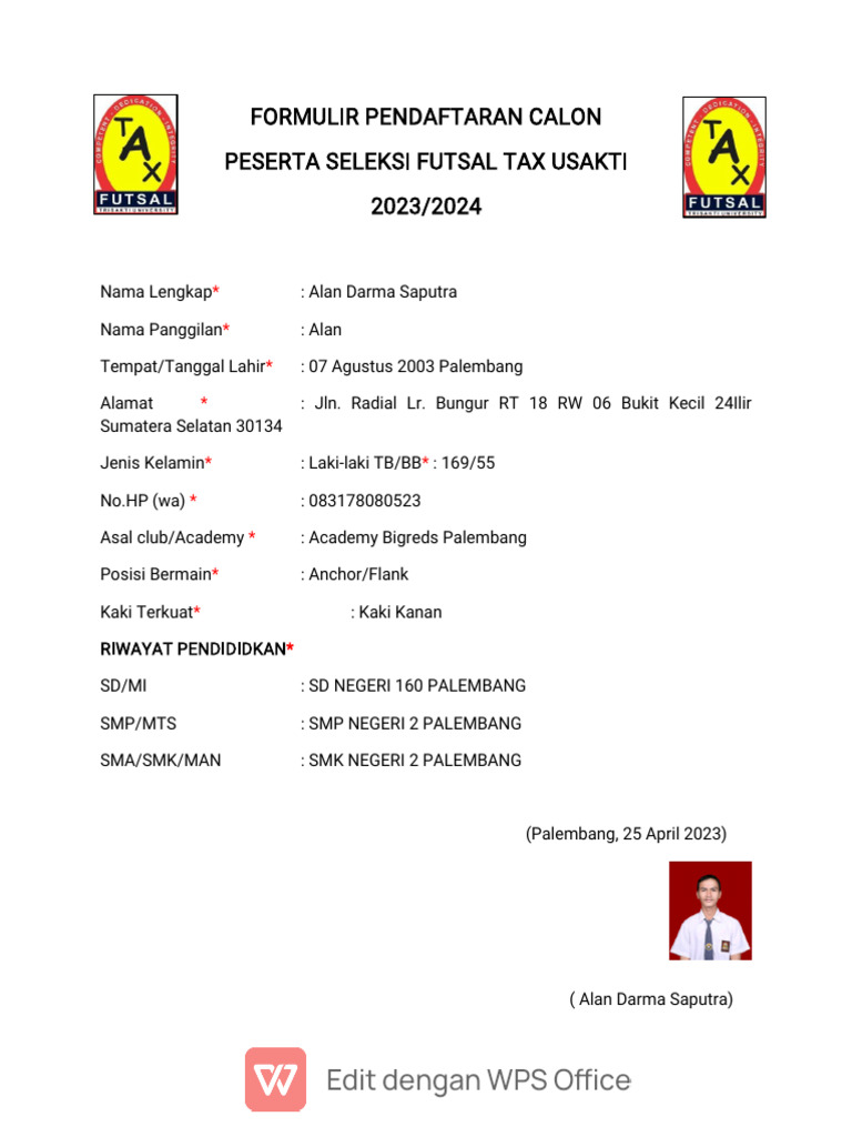 Formulir Pendaftaran Futsal Tax Usakti 2021 | PDF
