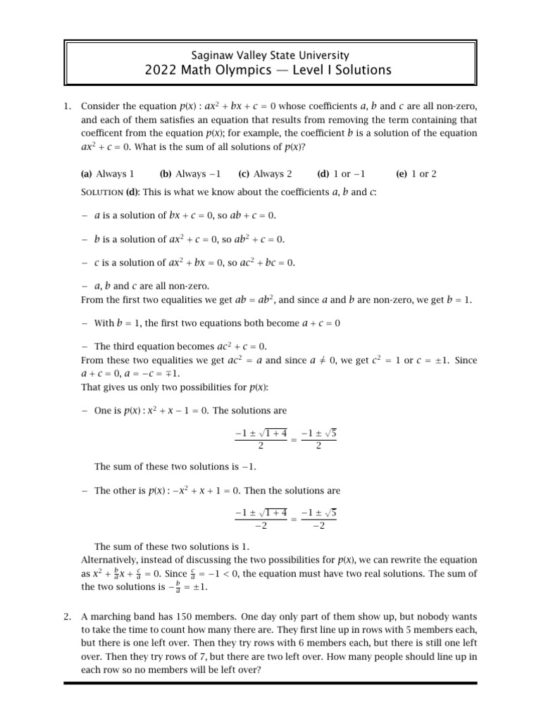 Level1 Solutions | PDF | Equations | Quadratic Equation