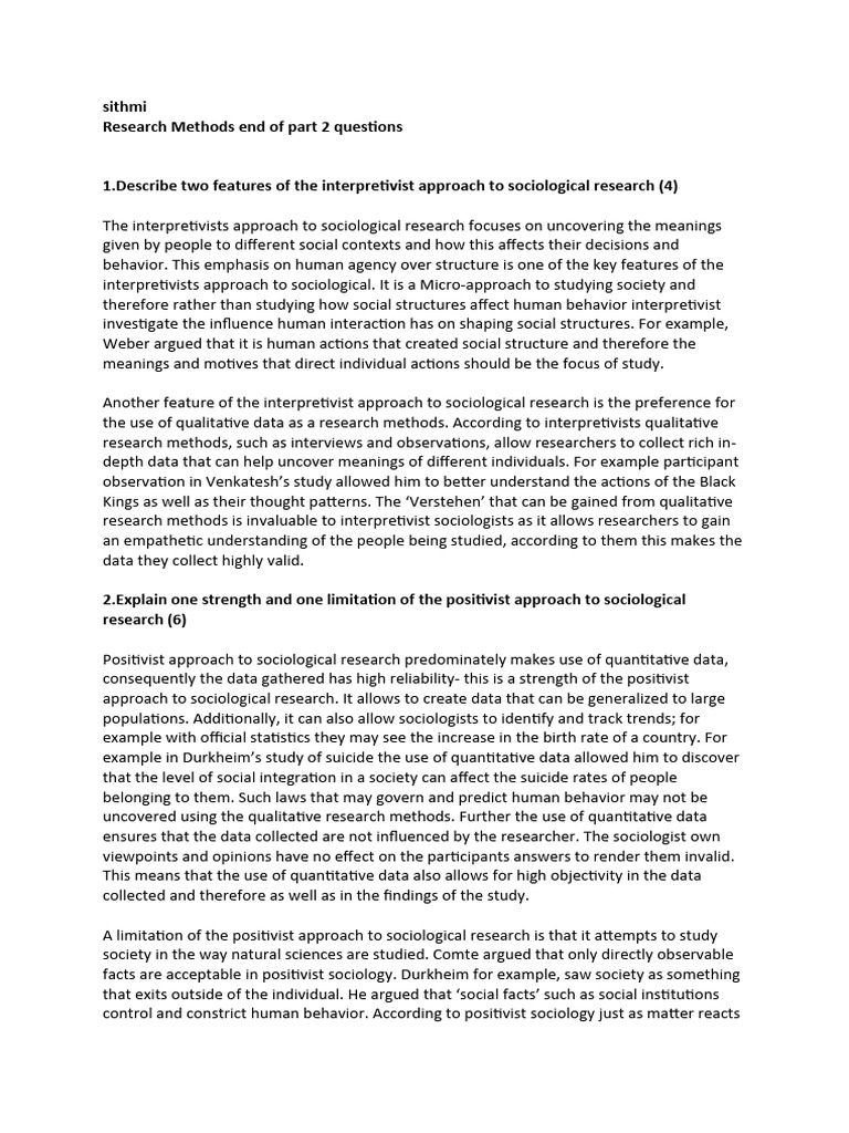 Research Methods End of Part 2 Questions Cambridge Sociology 9699 | PDF | Sociology | Positivism