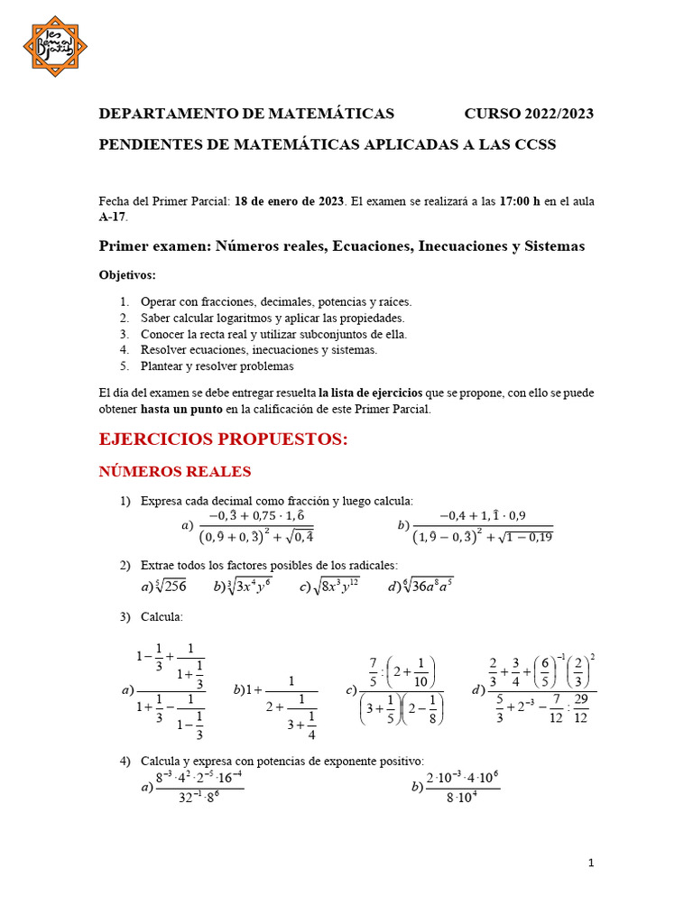 Sociales Ejer 1. Números y Álgebra | PDF | Álgebra abstracta | Análisis matemático