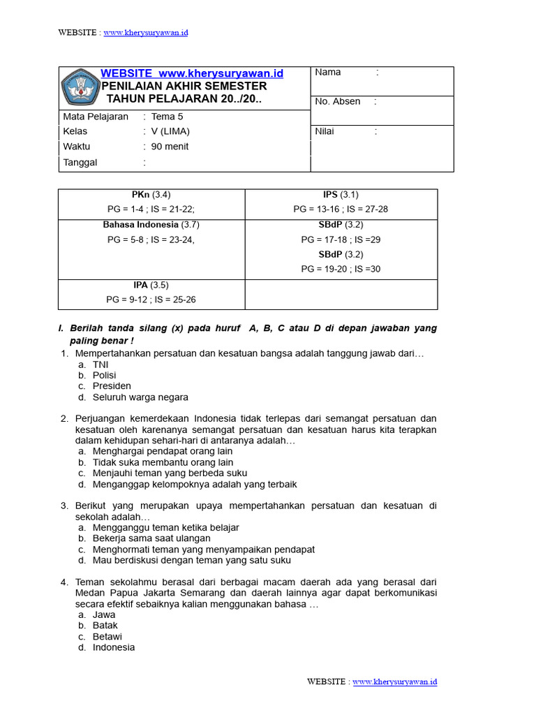 SOAL & Jawaban PAS KELAS 5 TEMA 5 Ver. 2 - WEBSITE WWW - Kherysuryawan.id | PDF | Sains & Matematika