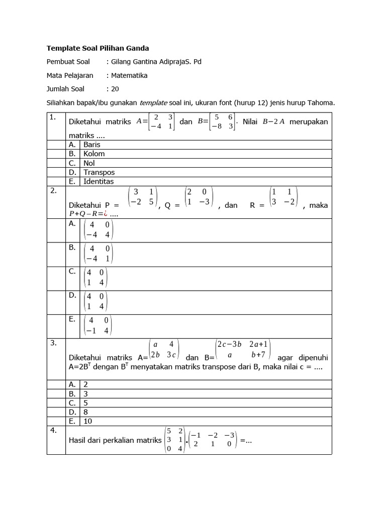 Template Soal Pilihan Ganda Matematika XI | PDF