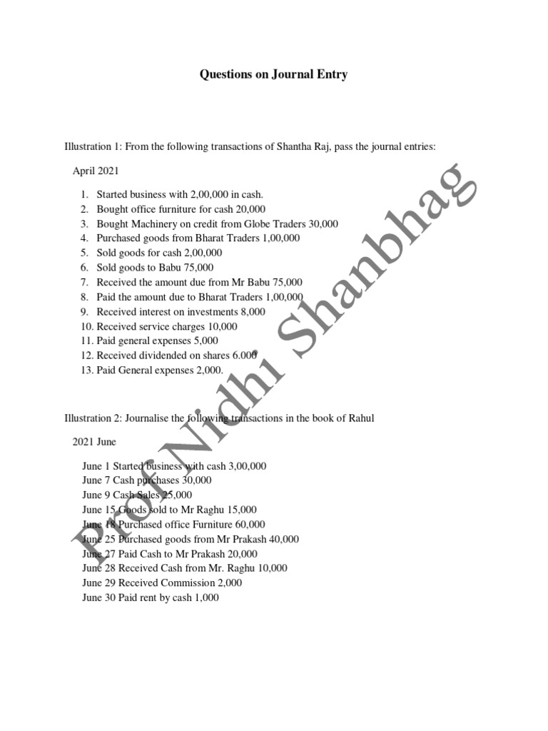 Questions On Journal Entry For Students | PDF | Cheque | Cash