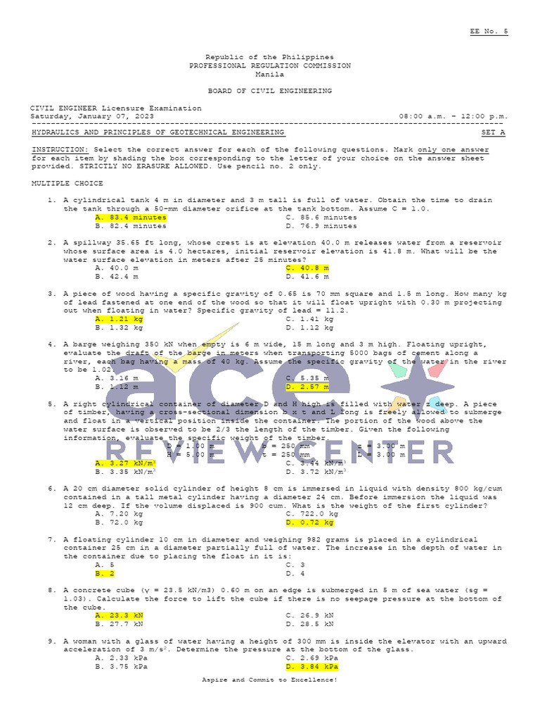 CE EVALUATION EXAM No. 5 - Buoyancy, Equilibrium, Fluid Flows (Answer ...