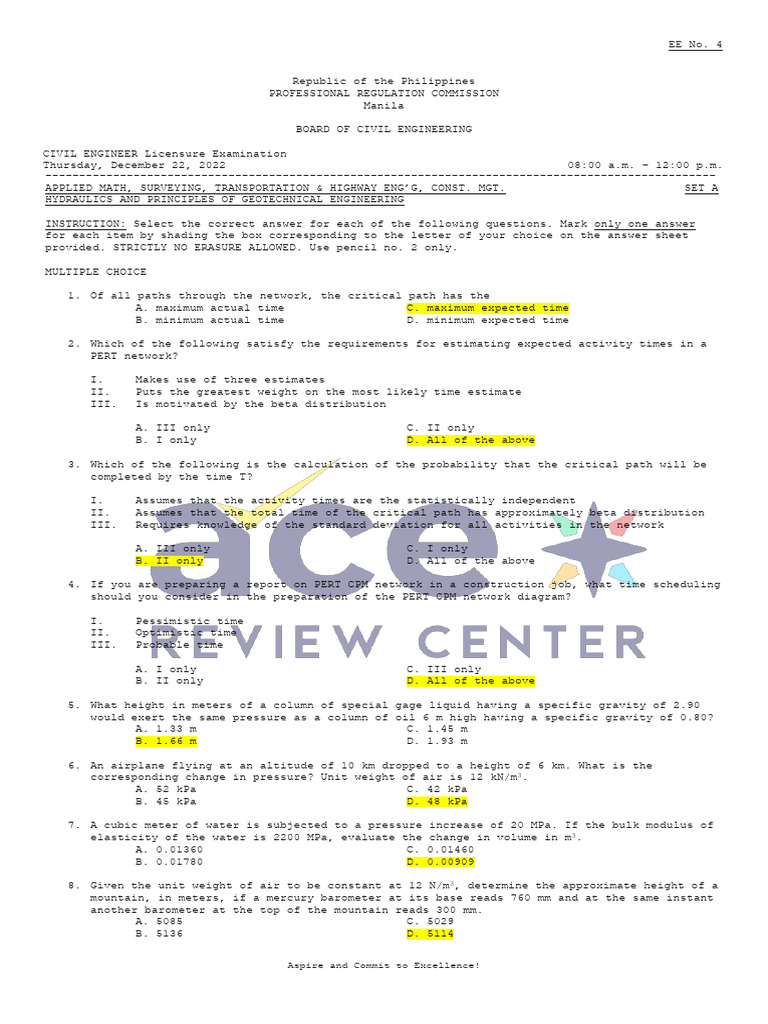 CE EVALUATION EXAM No. 4 - MGT, Fluid Properties, Hydrostatic Force ...